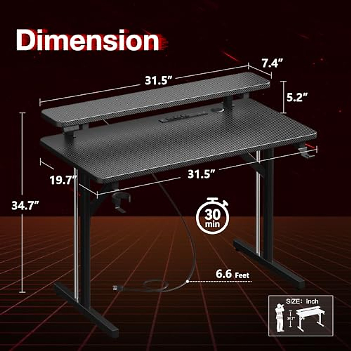 MOTPK Small Gaming Desk with LED Lights & Power Outlets, 31 Inch Computer Desk Gaming Table with Monitor Shelf, Gamer Desk with Carbon Fiber Texture, Kids Boys Desk Gift for Men