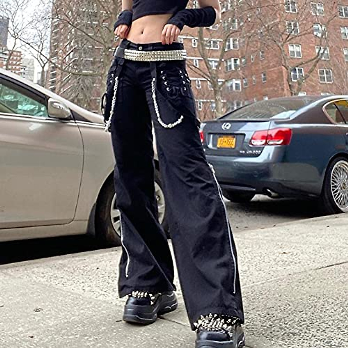NUFIWI Women Gothic Cargo Pants Loose Low Waist Trousers Wide Leg Baggy Jeans Harajuku Streetwear Punk(Black Flare Goth,S)