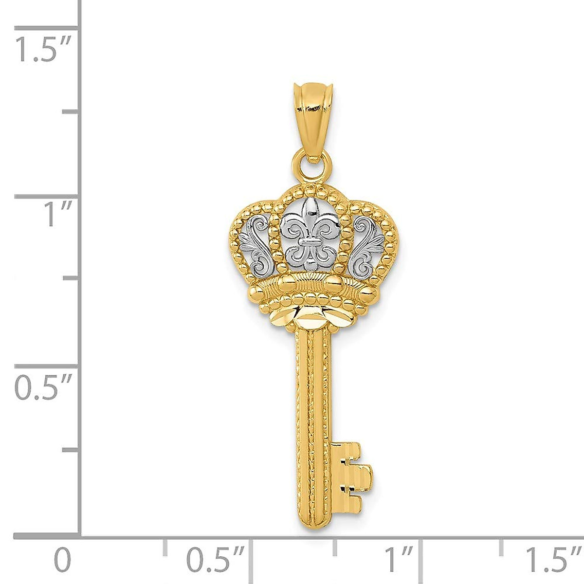 Solid 14k Yellow Gold Two Toned Fleur De Lis Crown Emperor Royal King Queen Key Charm Pendant - 31mm x 12mm