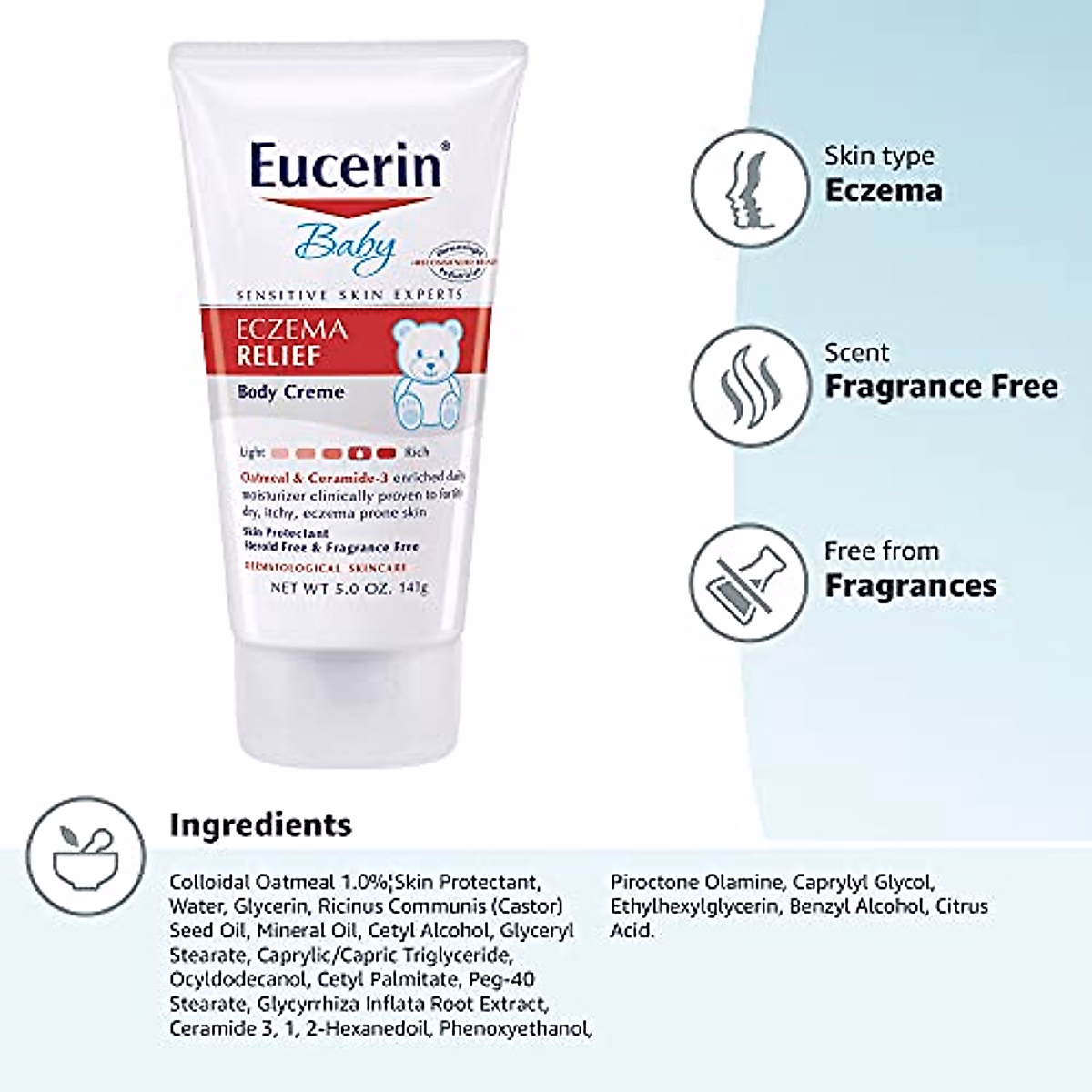 Eucerin Baby Eczema Relief Body Cream - Steroid & Fragrance Free for 3+ Months of Age - 5 oz. Tube