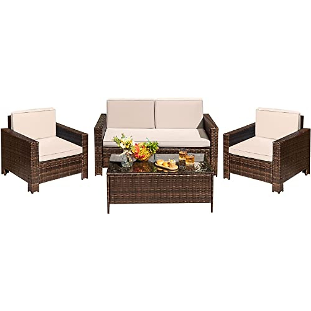 Greesum 4 Pieces Patio Furniture Sets, Wicker Rattan Sofa Chair with Soft Cushions and Sturdy Coffee Table, Outdoor-Indoor Use for Backyard Porch Garden Poolside Balcony, Beige and Brown