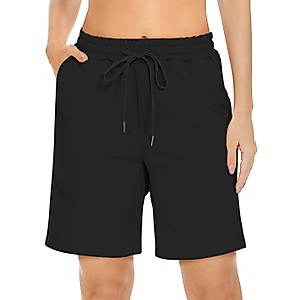 TARSE Women's Bermuda Shorts Summer Long Cotton Drawstring Loose Pocket Knee Length Shorts Yoga Casual Walking Exercise Shorts(Black,M)