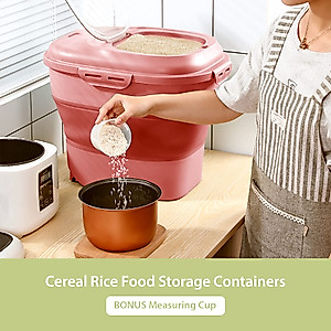 Rice Storage Container, Lockcoo Foldable Airtight Cereal Food Storage Containers 20 to 50 Lbs with Measuring Cup & Wheels, Dry Food Flour Sugar Storage Container Large Kitchen Pantry Holder, Pink