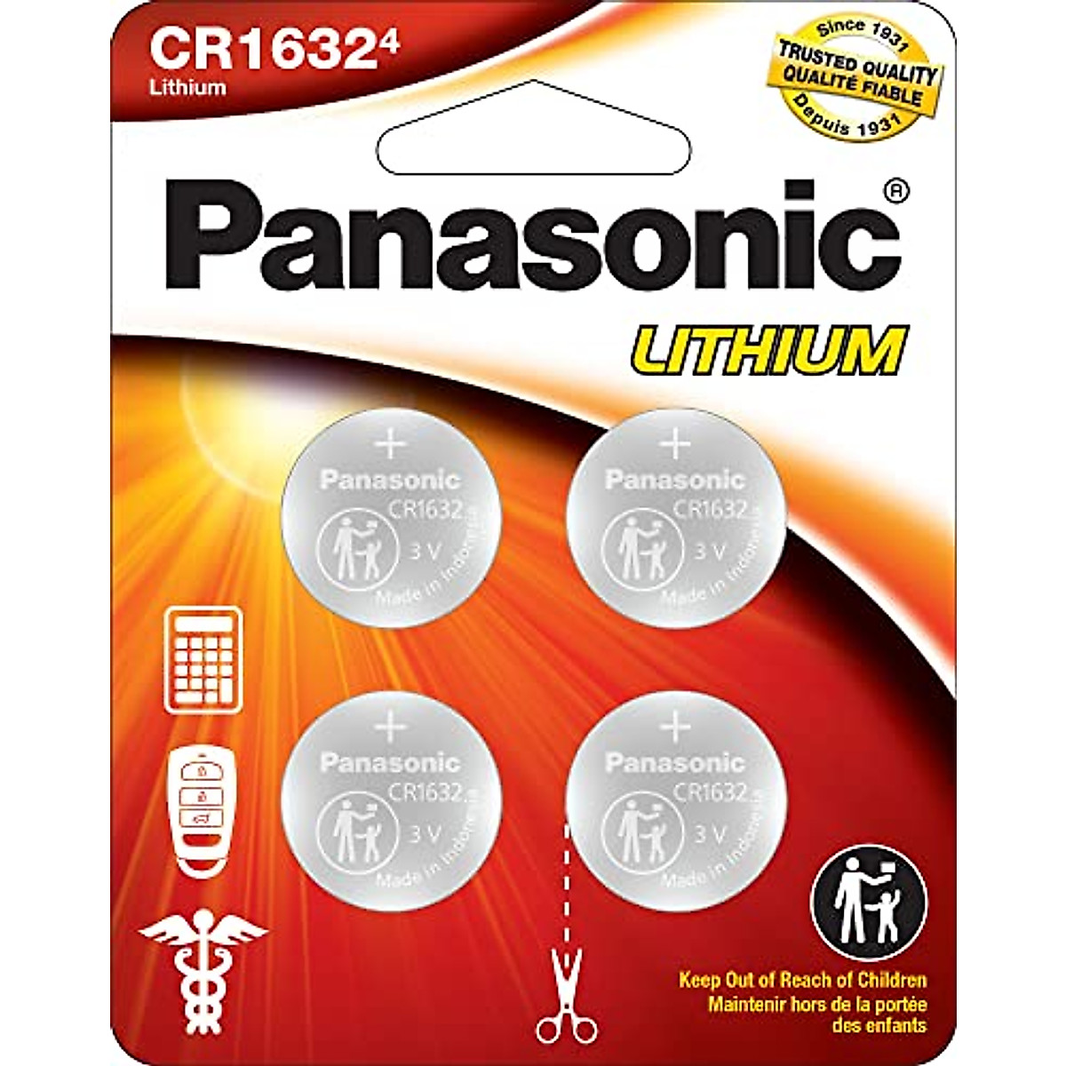 Panasonic CR1632 3.0 Volt Long Lasting Lithium Coin Cell Batteries in Child Resistant, Standards Based Packaging, 4-Battery Pack
