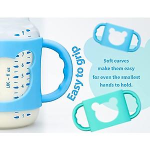 Baby Bottle Handles, Durable Food Grade Silicone Transitional Sippy Cup Handle Grip for Wide-Neck Baby Bottles, Cute Bear Design, Pack of 2, Blue & Turquoise
