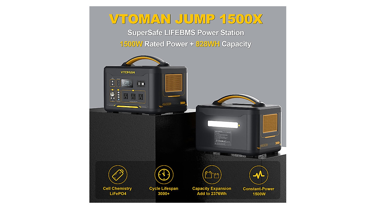VTOMAN Jump 1500X Portable Power Station 1500W (3000W Peak), 828Wh LiFePO4 (LFP) Battery Powered ...