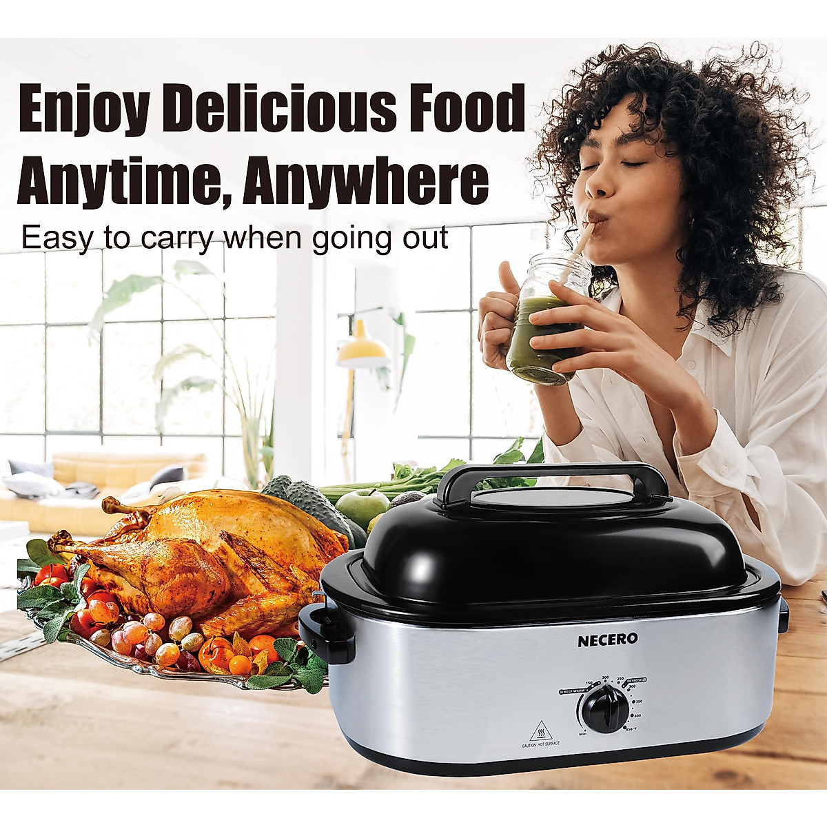 NECERO Roaster Oven 28 Quart Electric, Electric Roaster Pan with Visible&Self-Basting Lid, Large Stainless Steel Electric Turkey Roaster Oven Defrost Warm Function, Removable Pan Rack, Up To 24LB