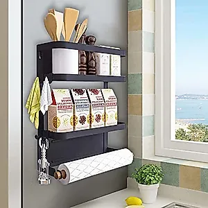Magnetic Spice Rack, Magnetic Shelf with Paper Towel Holder 2 Tier Kitchen Refrigerator Storage Rack Fridge Magnet Organizer(Black, Medium)
