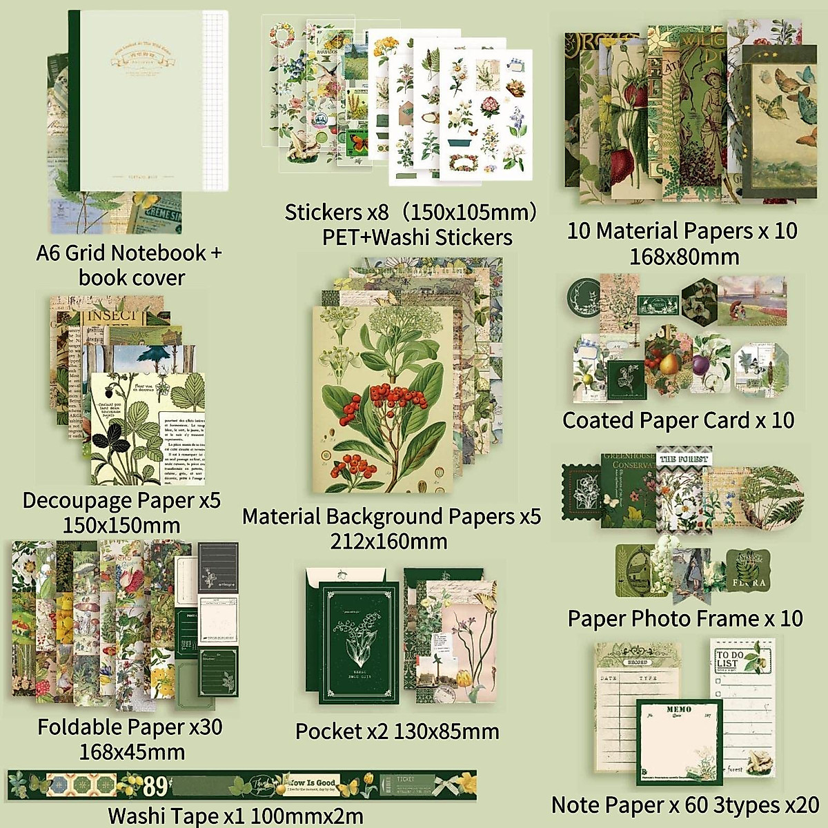 LCLAIDYDY Scrapbooking Supplies Kit,Vintage Botanical Aesthetic Scrapbook Kit,Bullet Junk Journal Kit with Journaling,A6 Grid Notebook,Stationery,Flower DIY Craft Gift for Teen Girl Women