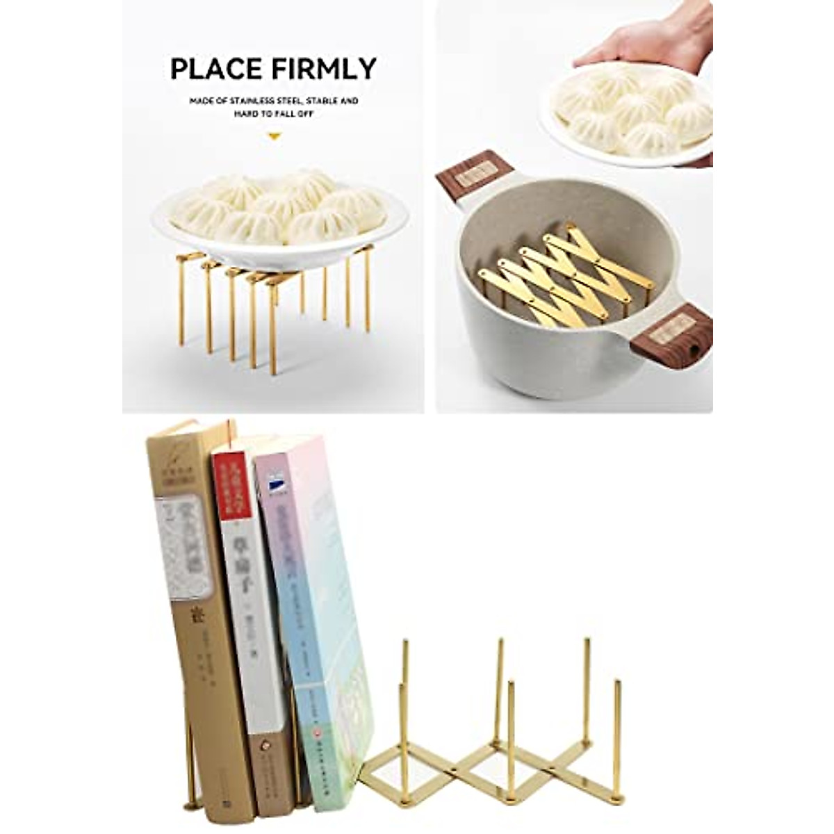 Anller 2 Pack Pot Lid Holder Rack, Kitchen Organizer, Book Rack, Stainless Steel Adjustable Length Dish Rack, Cutting Boards, Bakeware Cooling Rack, Gold