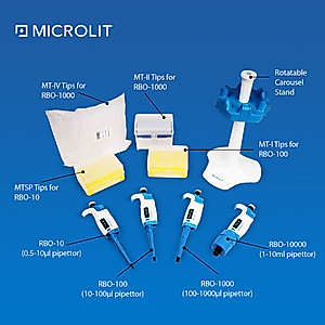 MICROLIT - Complete Starter Kit, Pipettes with 0.5-10ul, 10-100ul, 100-1000ul and 1-10ml Liquid Capacity, 4-Piece Set of Pipettes with a Carousel Stand and Compatible Micropipette Tips