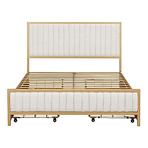 SIYSNKSI Full Size Metal Frame Upholstered Bed with 4 Drawers, Linen Fabric Platform Bed with Metal Slats Support and Headboard, Storage Platform Bed for Kids Teens Bedroom (Beige + Linen-C14)