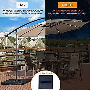 AECOJOY 10FT Patio Outdoor Umbrella with Solar Powered LED Hanging Offset Umbrella with Cross Base, 24 LED Lights for Backyard, Beige