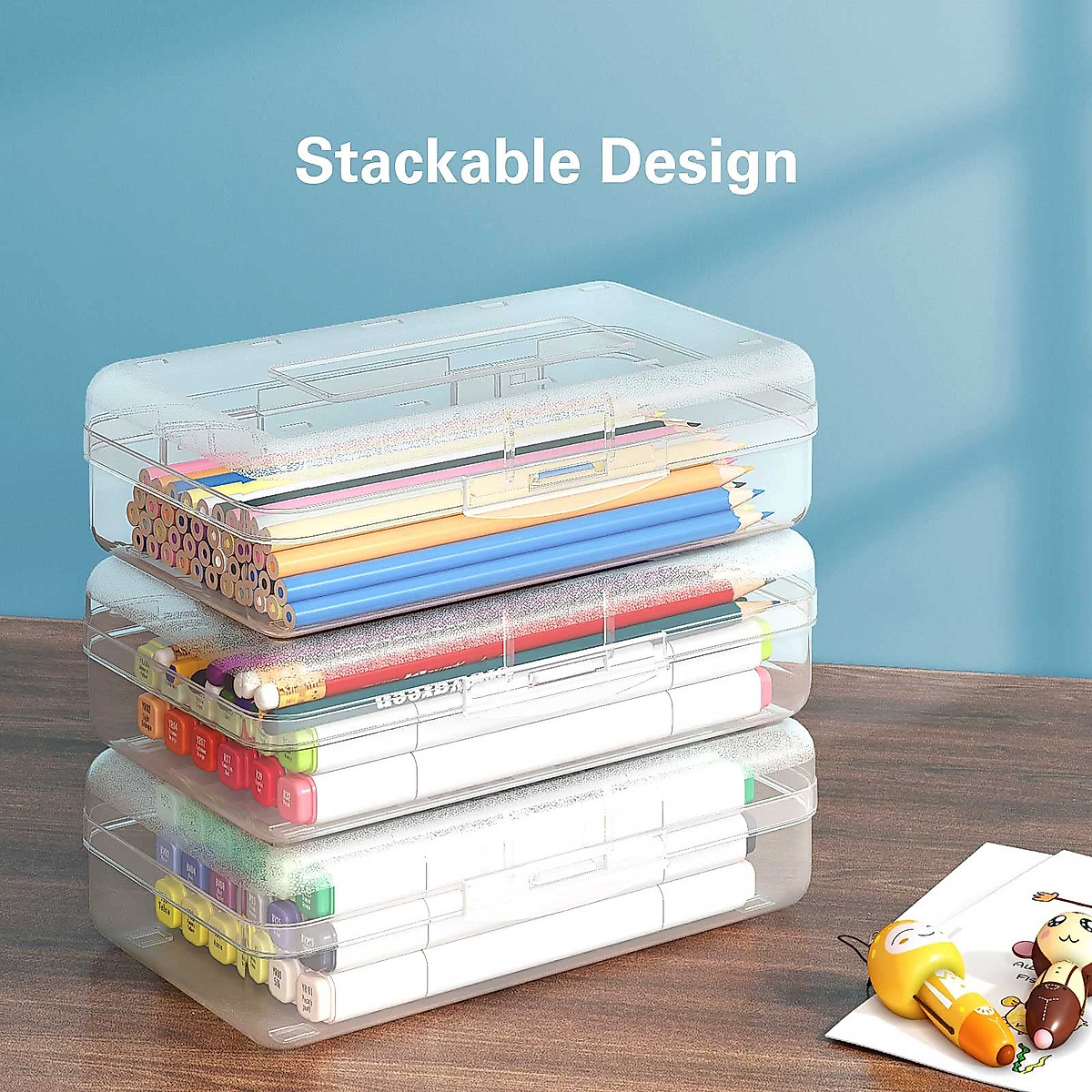 Denkee 4 Pack Clear Pencil Box, Plastic Large Capacity Pencil Boxes, Hard Pencil Case, School Supply Crayon Box Storage with Snap-Tight Lid, Stackable Office Supplies Storage Organizer Box
