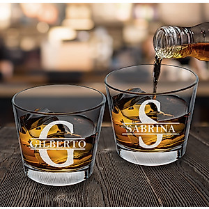 TEEAMORE Personalized Rocks Old Fashioned Cocktail Glass Add Your Name Initial Etched Whiskey Glasses Housewarming Gift 9oz