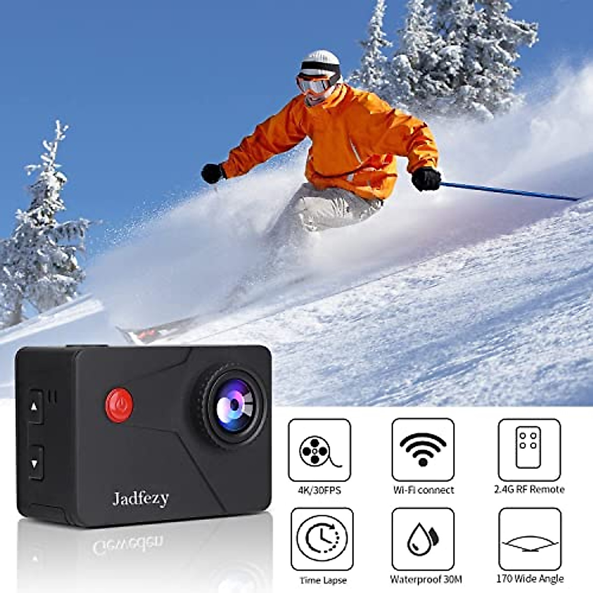 Jadfezy Action Camera 4K with WiFi, Remote Control, Sports Camera with Charger and 2×1350 mAh Batteries, 30M/98FT Waterproof Camera Mounting Accessories for Helmet and Bicycle etc. (4K 30FPS)