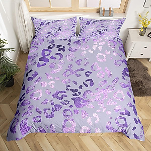 Purple Glitter Leopard Duvet Cover Queen Size,Cheetah Skin Comforter Cover with 2 Pillowcase for Teens,Kids Marble Abstract Art Bedding Set,Purple Leopard Breathable 3 Pieces Decorative Bed Cover