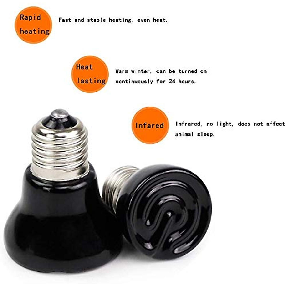 KIMROO 75W Mini Reptile Heat Lamp Bulb(2 Pack) E26/E27 Base,AC110V,Pet Infrared Ceramic Heat Emitter, or Reptile Like Lizard,Tortoise,Brooder Coop, Aquarium,Snake,No Light,Black (75W)