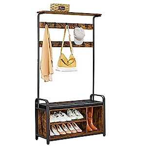 VASAGLE Hall Tree with Storage Bench, Entryway Storage with 9 Hooks, Coat Rack with Soft Bench, Shoe Rack, Steel Frame, Rustic Brown and Black UHSR099B01