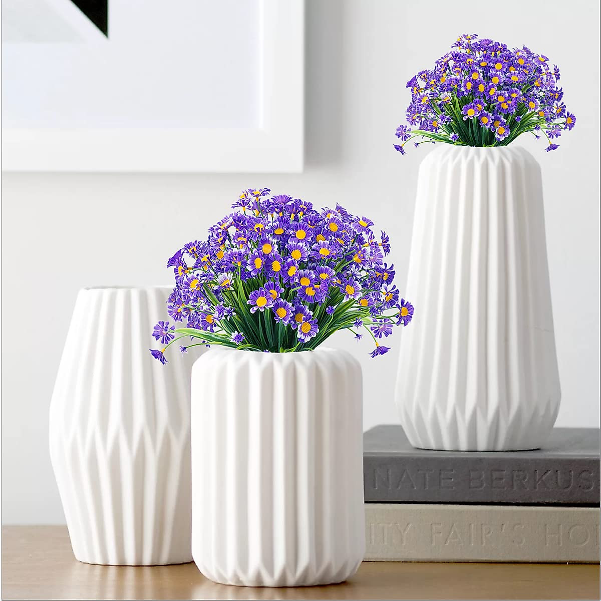NOV FIRE Artificial Daisies Flowers,Artificial Flowers Outdoor,8 Bundles UV Resistant Faux Flowers Outdoor,Fake Plastic Flowers Shrubs for Indoor Outside Decor(Purple)