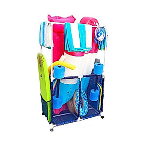 Essentially Yours Pool Equipment Holder with Towel Drying Bars, Mesh Rolling Pool Storage Organizer Bin, Extra Large with Towel Hanger, (34.5" W x 25" L x 62.6" H), Blue/White Style 418566
