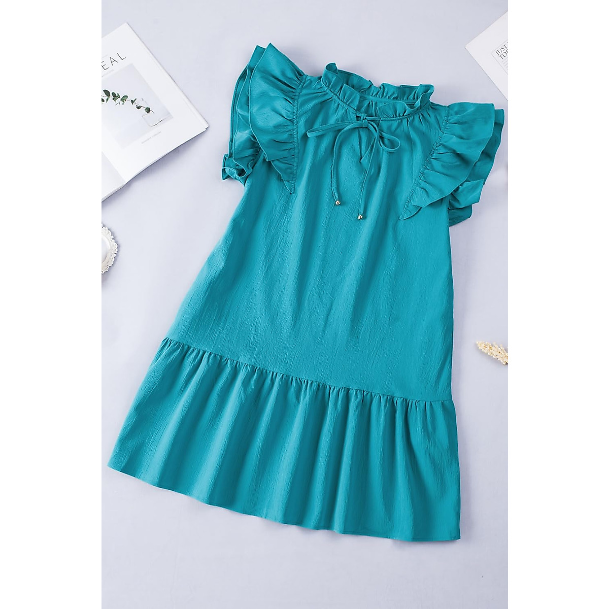 Dokotoo Summer Dresses for Women Sun Dresses 2025 Elegant V Neck Drawstring Ruffle Solid Pockets Cap Short Sleeve Casual Dresses for Women Green X-Large