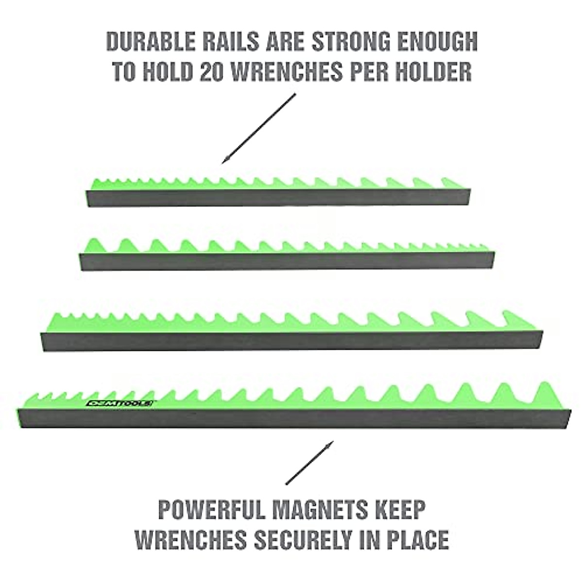 OEMTOOLS 22217 4 Piece Magnetic Rail Wrench Organizer, Magnetic Tool Box Accessories, Wrench Organizers Magnetic, Green