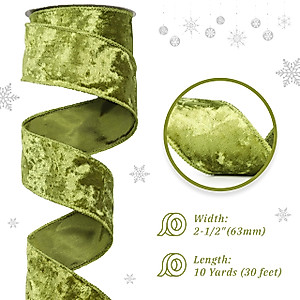 MAYREEL 2.5 Inch Moss Green Crushed Velvet Ribbon Wired for Christmas Decorations Gift Wrapping Wreaths Tree Toppers 10 Yards