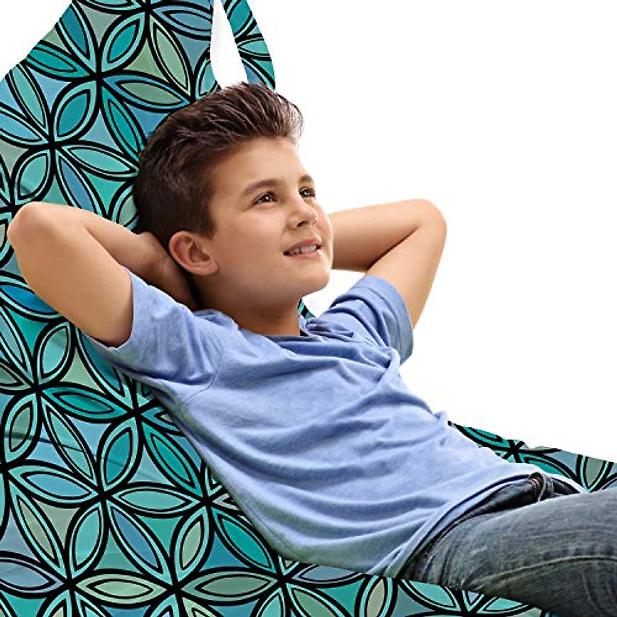 Lunarable Abstract Lounger Chair Bag, Flower Inside Circular Oval Shapes with Contour Lines Illustration, High Capacity Storage with Handle Container, Lounger Size, Teal Pale Green
