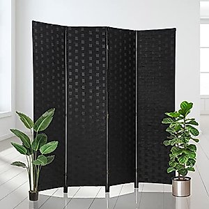 Room Divider 6FT 4 Panels Wall Divider Privacy Screen Wood Mesh Hand-Woven Design Room Screen Divider Indoor Folding Portable Partition Screen (Black)