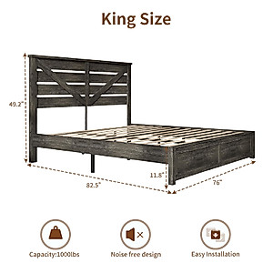 LUXOAK King Size Farmhouse Wooden Bed Frame, Platform Bed Frame with 49.2" Headboard/No Box Spring Needed/Noisy Free/Easy Assembly/Grey