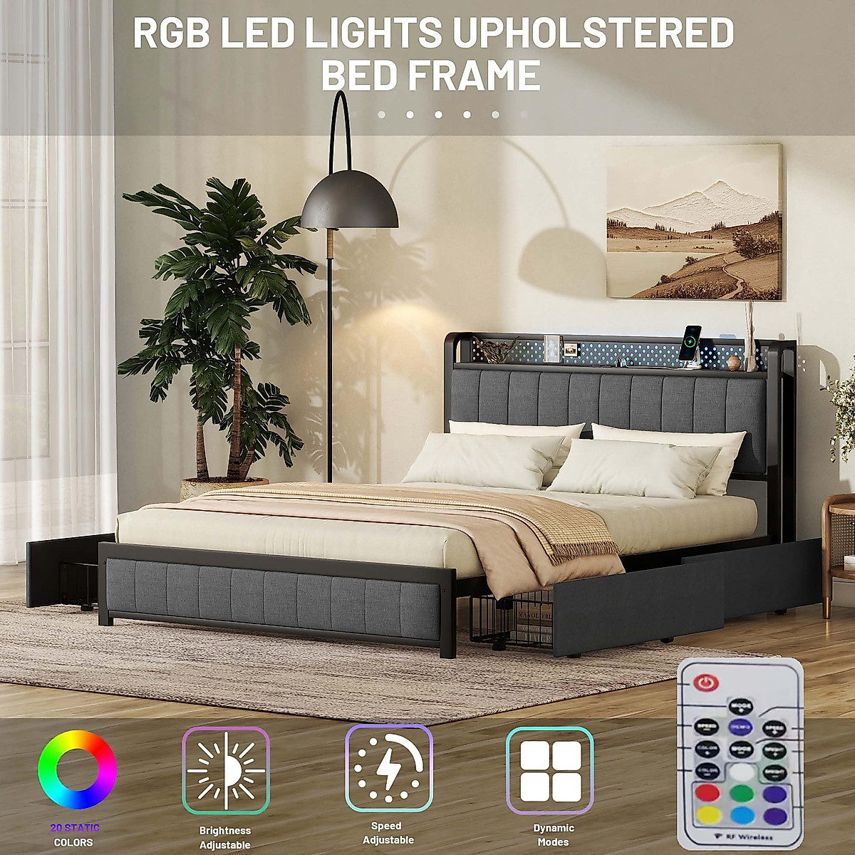 Queen Bed Frame with 4 storage drawers and LED light, LED Bed Frame Queen Size with Shelf Storage Headboard, Upholstered Platform Bed with LED Lights, Solid Wood Slats, Stable Structure (Dark Grey)