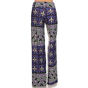 Women's High Waist Full Length Wide Leg Palazzo Pants with Fold Over Waist Band (Large, Floral Patchwork)