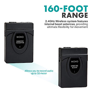 Movo WMIC50 2.4GHz Wireless Lavalier Microphone System with Integrated 164-foot Range Antenna (includes Transmitter with Belt Clip, Receiver with Camera Shoe, Lapel Mic and 2 Earphones)