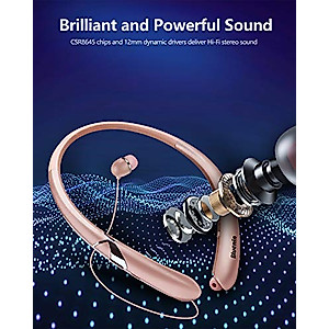 Bluenin Bluetooth Headphones, Bluetooth Neckband Wireless Headphones Bluetooth 5.0 Retractable Earbuds Stereo Headset CVC 8.0 Noise Cancelling Call Vibrate Alert Earphones with Mic (Rose Gold)