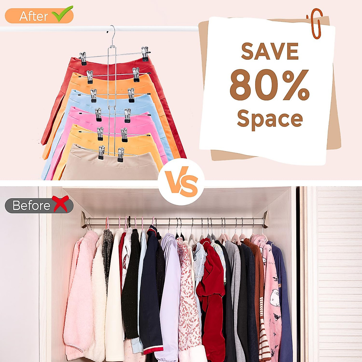 Tonswachic Pants Hangers with Clips - 6 Tiers Skirt Hangers - 3 Pack Pants Hangers Space Saving - Closet Organizer and Storage for Jeans Leggings Shorts (3 Pack with Extra One Purse Hanger Organizer)