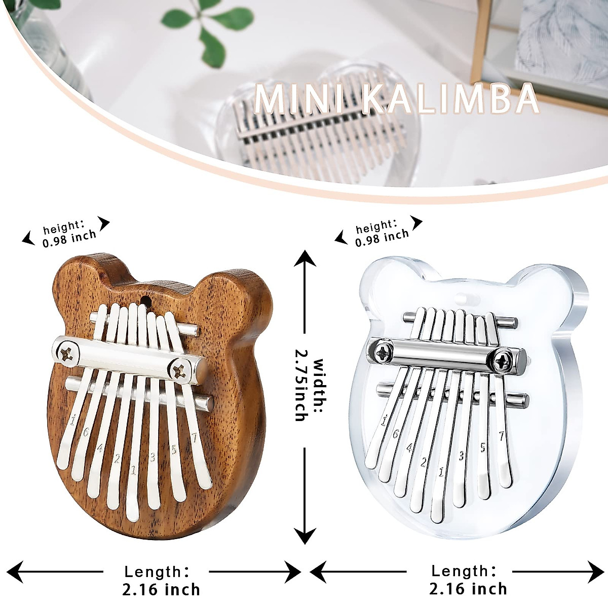 2 Pack Mini Kalimba Thumb Piano 8 Keys,Portable Solid Wood and Acrylic Mbira Finger Piano for Kids and Adults,Pocket Musical Gifts for Beginners w/Chain