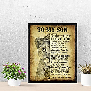 "To My Son-Never Forget That I Love You" Motivational Family Wall Art -11 x 14" Typographic Wall Decor w/Lioness & Cub Image-Ready to Frame. Inspirational Keepsake for Any Son. Great Graduation Gift!