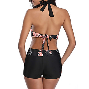 Bikini Swimsuit for Women Two Piece Swimsuits Halter Bikini Set with Boyshort Athletic Bathing Suit Pink Flower XL