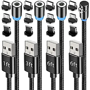 Terasako Magnetic Charging Cable 4-Pack [1ft/3ft/6ft/6ft], 360° Rotating Magnetic Phone Charger Cable with LED Light, 90° Angle Connector, Nylon-Braided Cords