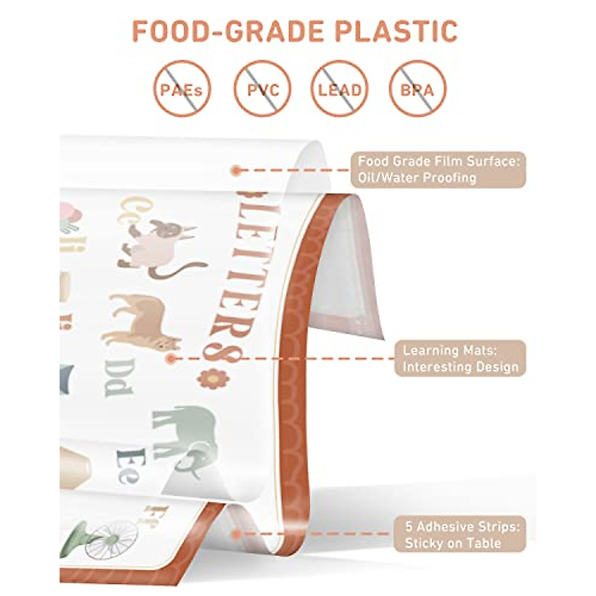 Babebay Disposable Placemats for Baby, 40 Pack Sticky Toddler Placemat for Restaurants, Dining Table, Party, Travel, 12" x 18" Placemats with 4 Designs, Fun and Learning Placemats for Kids