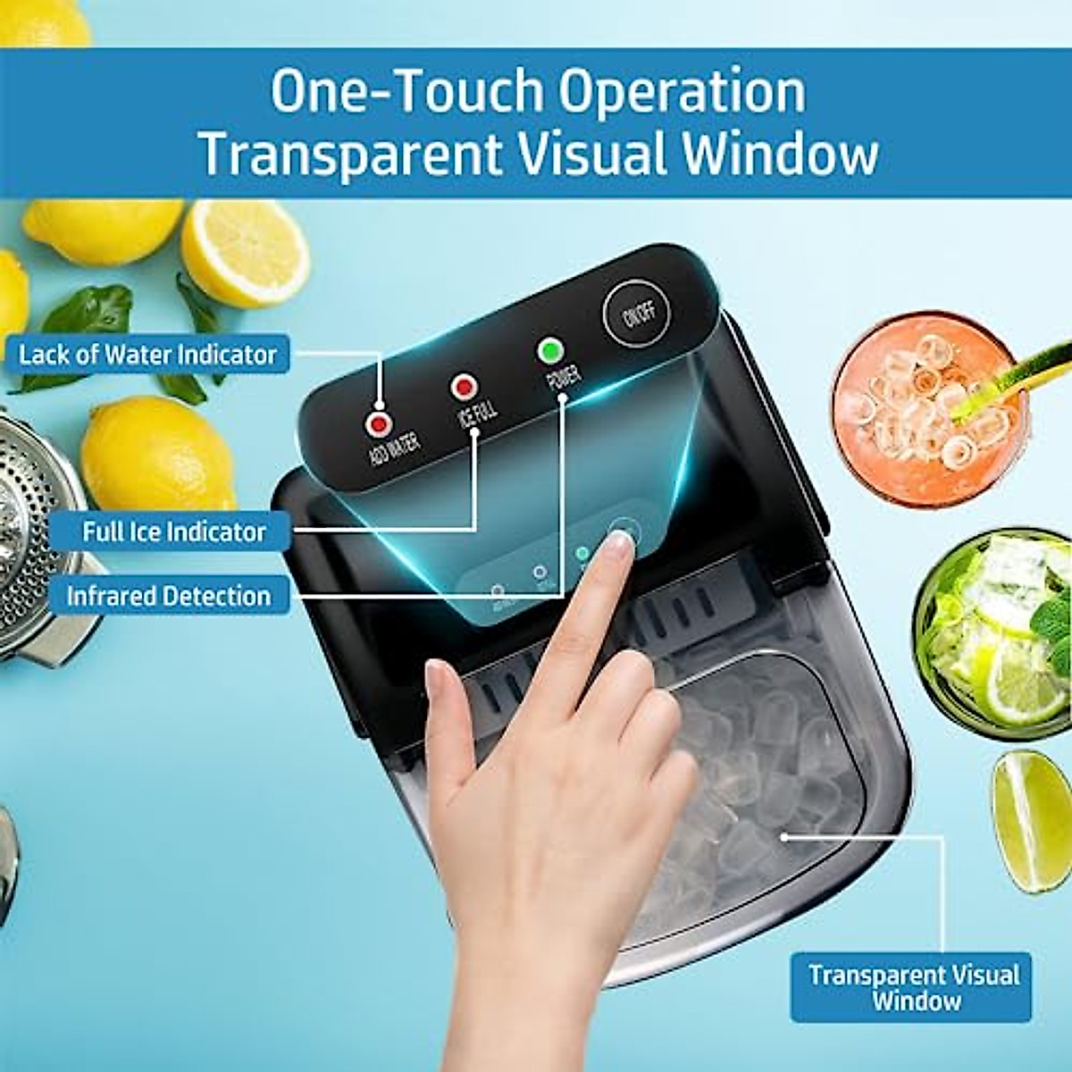 Harigal Countertop Ice Maker Machine with Handle, 26.5lbs in 24Hrs, 9 Ice Cubes Ready in 6 Mins, Smart Self-Cleaning, Portable Ice Makers Countertop for Home/Office/Party/RV(Black)