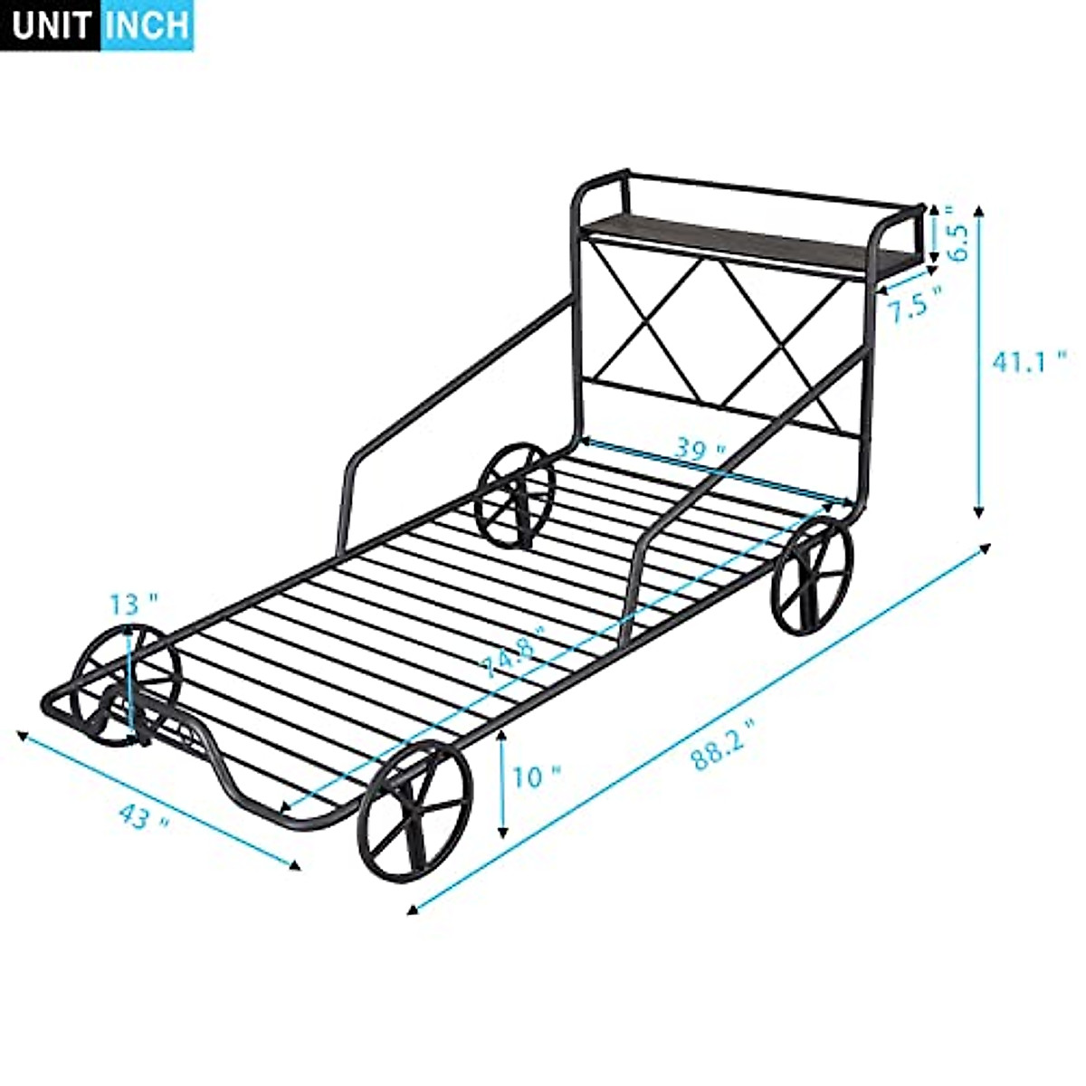 Twin Size Metal Platform Bed Frame with 4 Wheels and Storage Shelf, Car-Shaped Metal Bed with for Kids Teens Boys Girls, No Box Spring Needed, Under Bed Storage (Black)