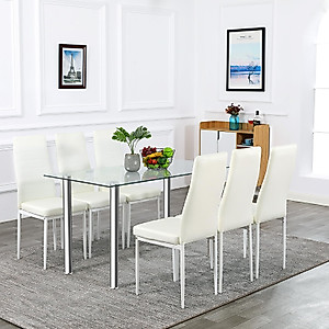 Bonnlo Dining Table Set for 6,Kitchen Table and Chairs for 6,Small Dining Room Table and 6 PU Leather Chairs for Small Place,Metal Frame,Clear&White