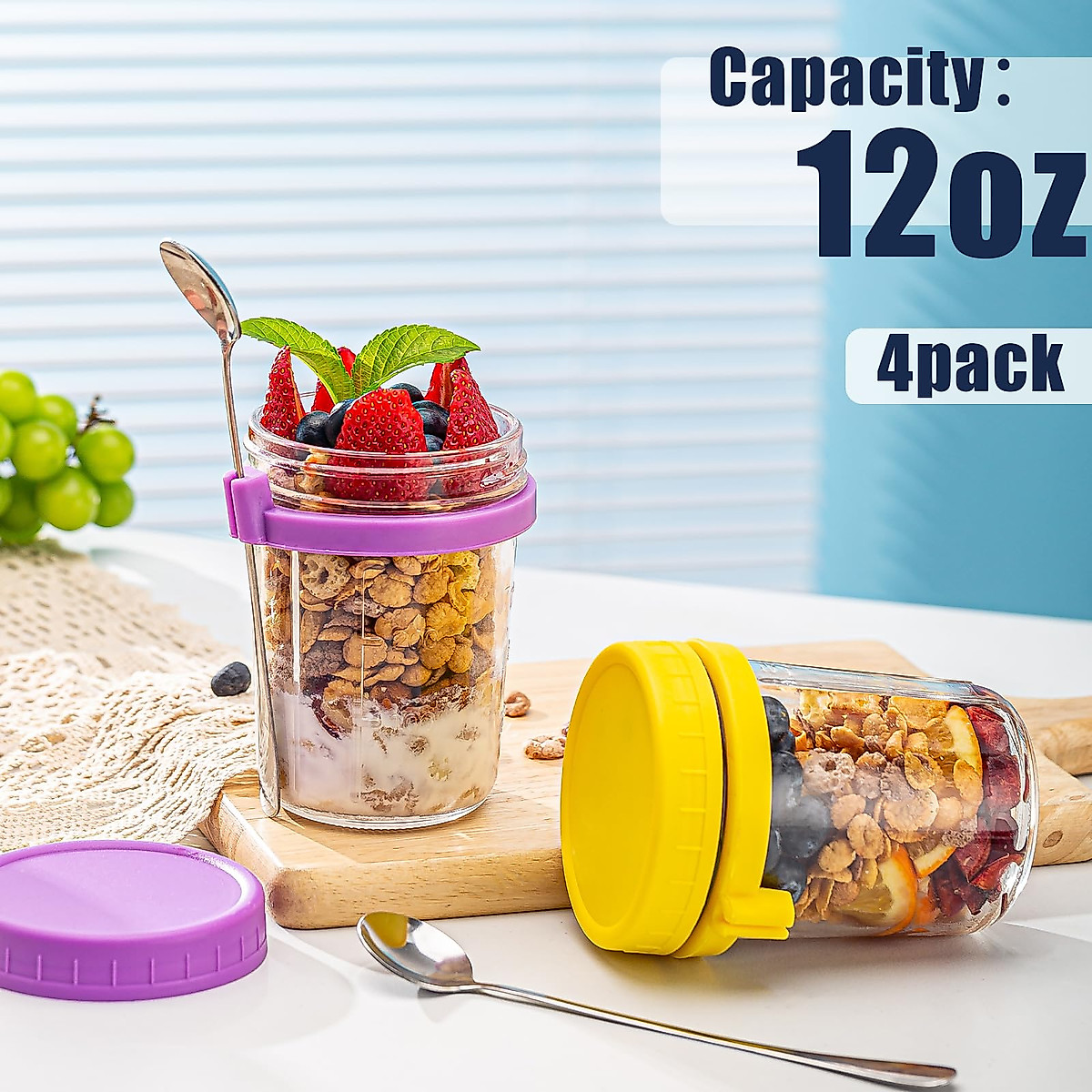 wookgreat Overnight Oats Jars, Overnight Oats Container with Leakproof Lid and Spoon Set of 4, 12 Oz Glass Mason Jars, Large Capacity Wide Mouth Jars with Measure Marks for Cereal Milkshake Meal Prep