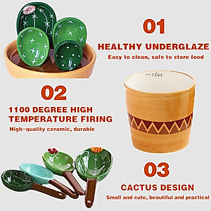 Cactus Measuring Spoons Set in Pot, Cute Ceramic Measuring Spoons and Cups, Baking Cacti Spoon with Holder for Milk Powder Sugar Salt Wet Dry Ingredients, Kitchen Home Small Decorations Ornaments