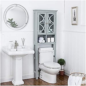 glitzhome 68.25 Inch Wooden Free Standing Storage Cabinet with Double Glass Doors Bathroom Cabinet Spacesaver Grey