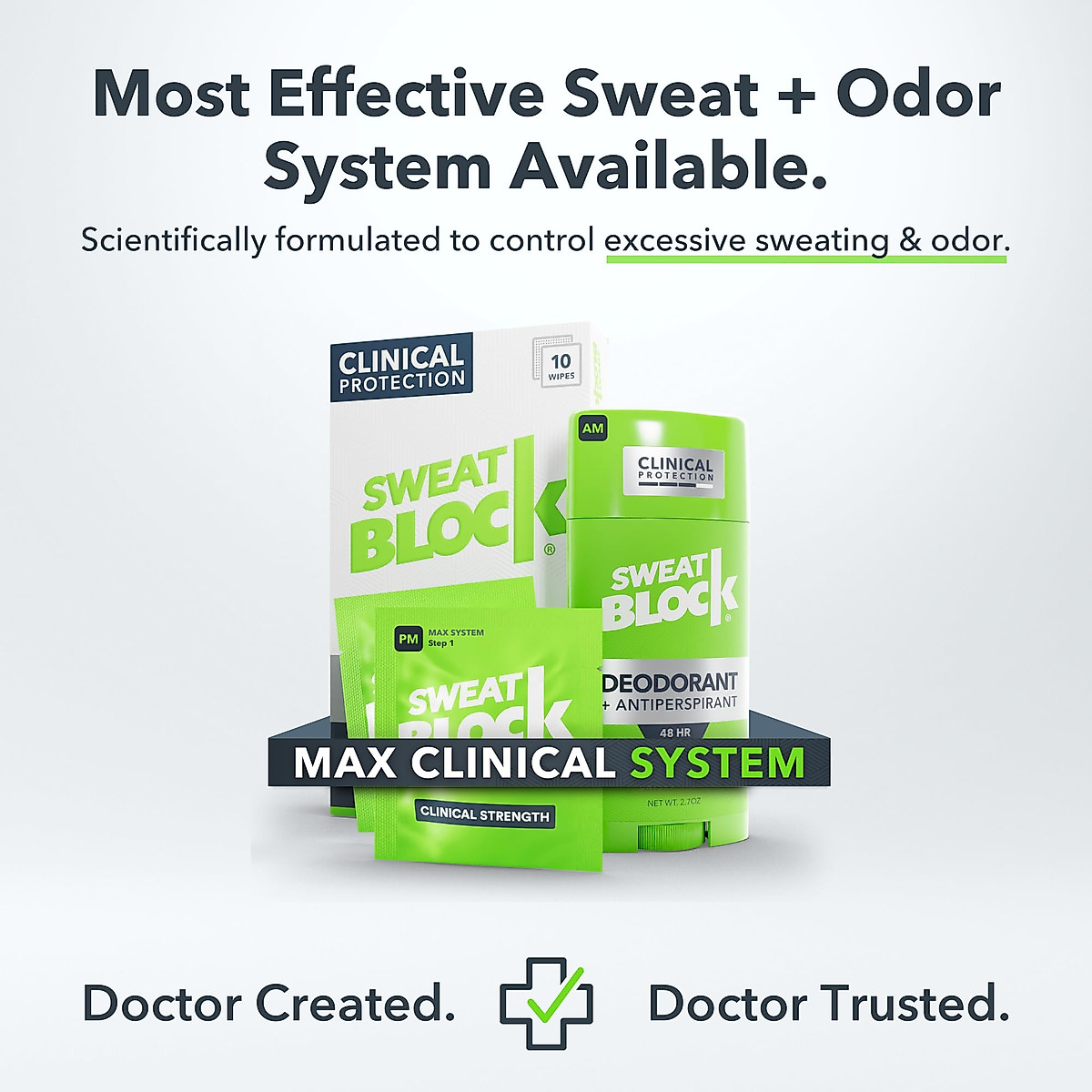 SweatBlock Antiperspirant Deodorant System MAXIMUM CLINICAL STRENGTH for Men & Women. Hyperhidrosis Aid for Excessive Sweating & Underarm Odor. 5 DRIBOOST Wipes + 1 Unisex Deo Stick (2.7oz)