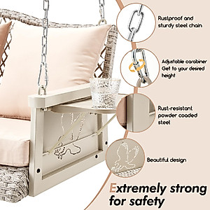 ZZW Upgraded Wicker Hanging Porch Swing Heavy Duty 900 LBS 3-Seat Outdoor Patio Swing Chair Bench for Adult w/ 8.9ft Hanging Chains Cushions and Cup Holder