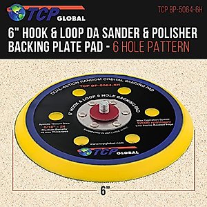 TCP Global 6" Hook & Loop DA Sander & Polisher Backing Plate Pad, 6 Hole Pattern Dustless - Dual-Action Random Orbital Sanding Pad - Low Profile Edge, Medium Density - for Auto Woodworking Sandpaper